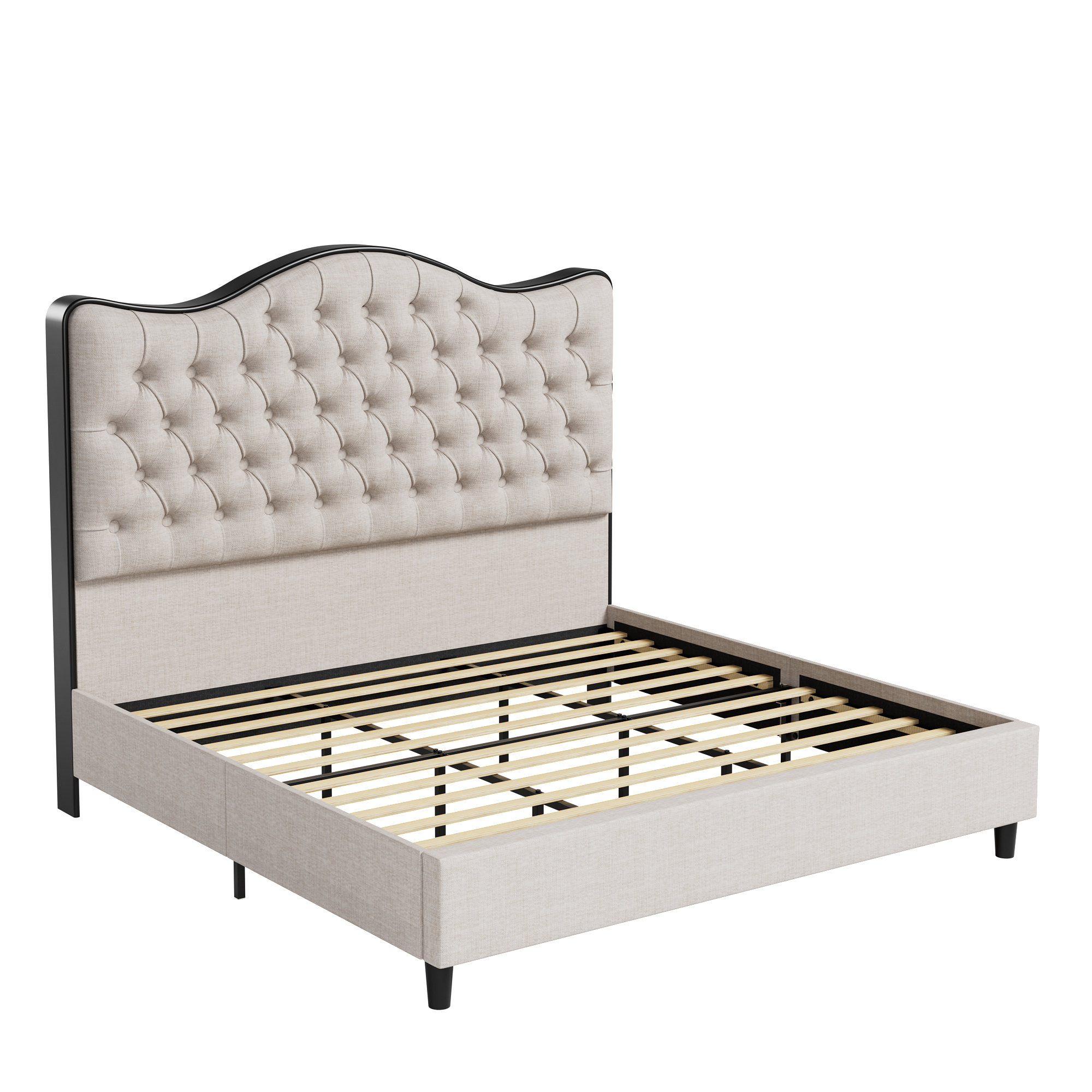Jasmynne 55.1 H Upholstered Platform Bed Wood Bed Frame with Tufted Headboard House of Hampton Color Beige Black
